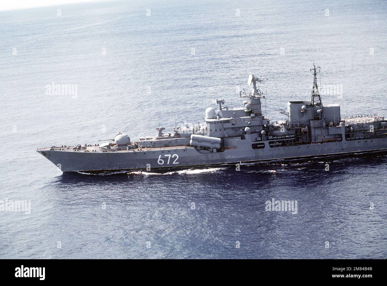 An aerial port view (forward section) of the Soviet Sovremenny class ...