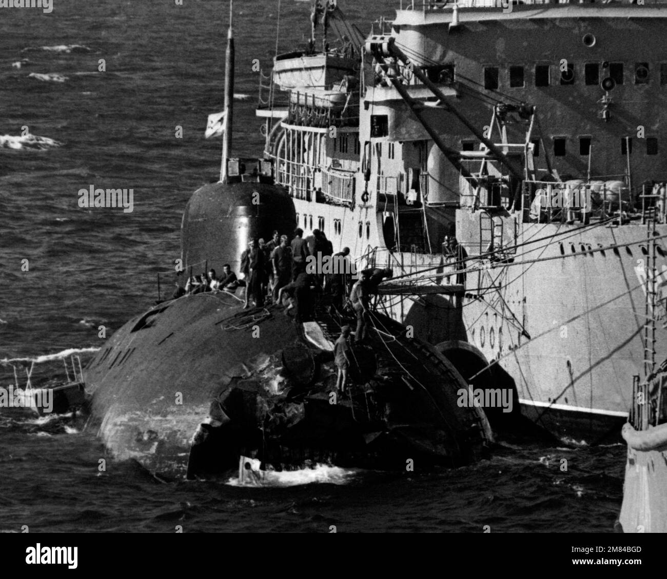 Starboard bow view of a damaged Soviet Victor class nuclear-powered ...