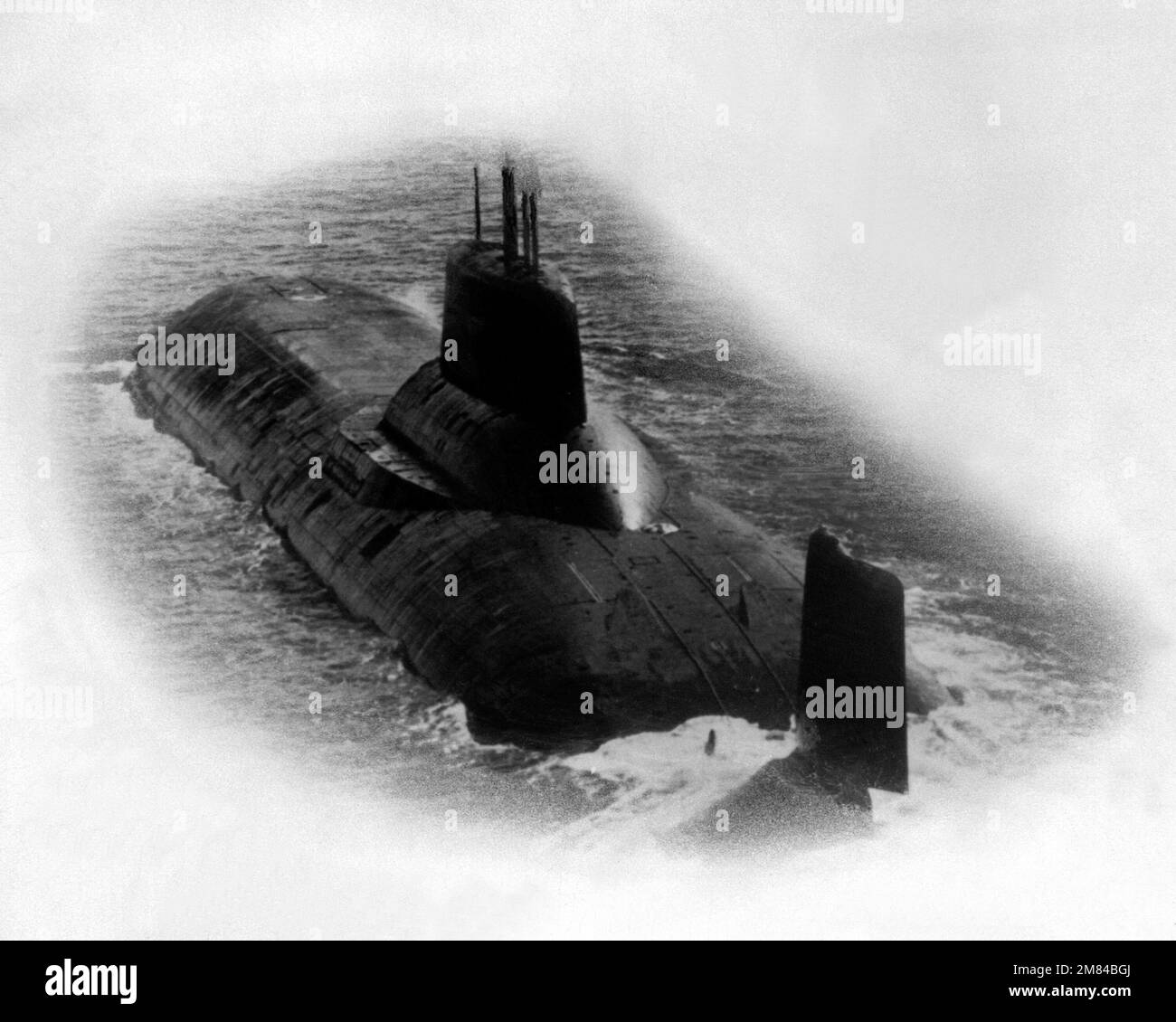 An aerial port quarter view of the Soviet Typhoon class nuclear-powered ...