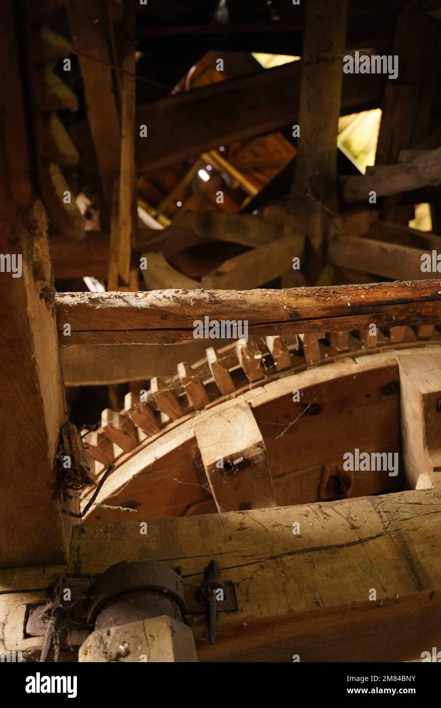 Ancient clockwork made of wood close-up, clock tower inside Stock Photo ...
