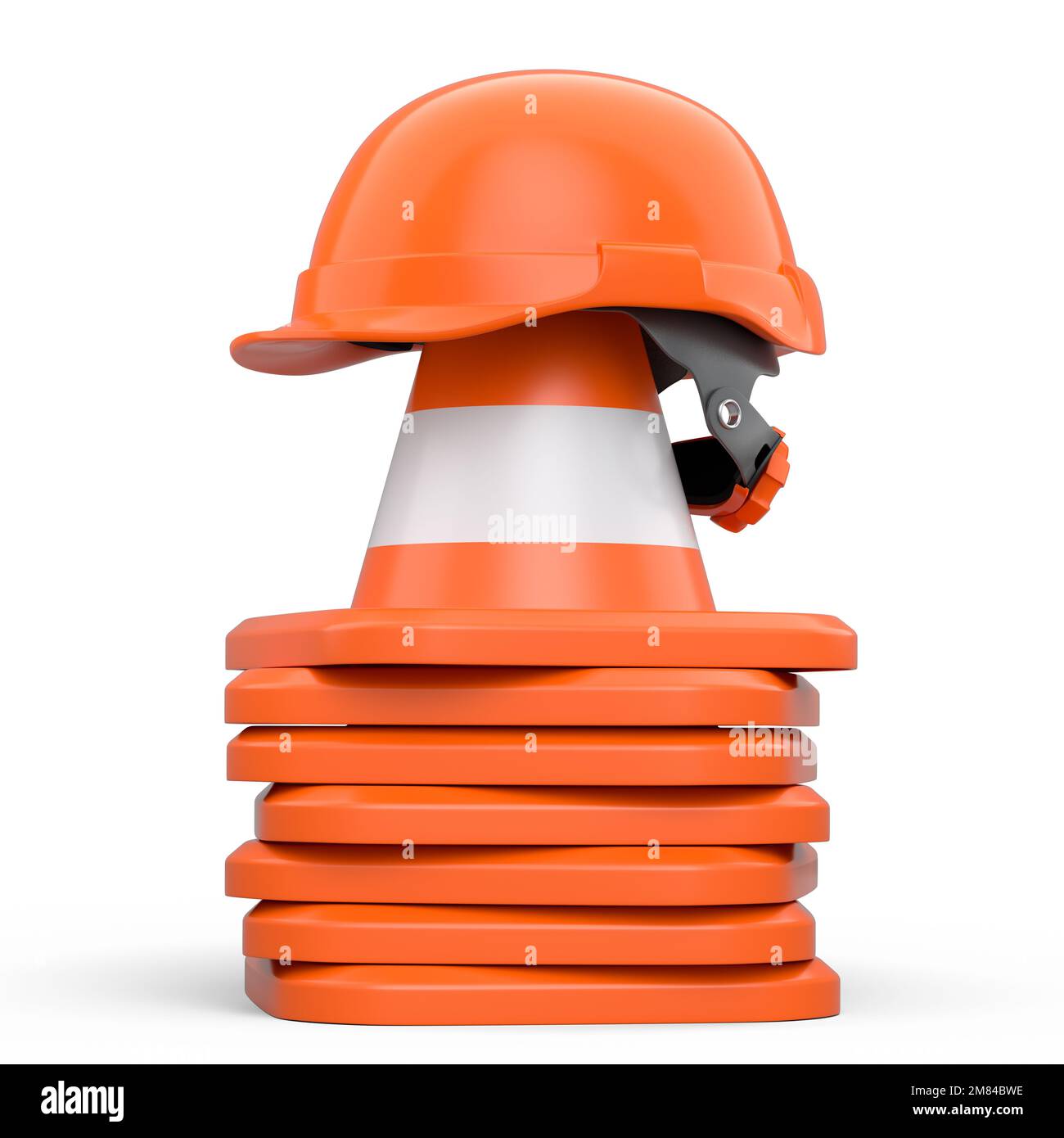 Stack of safety helmets or hard hats and traffic cones for under ...