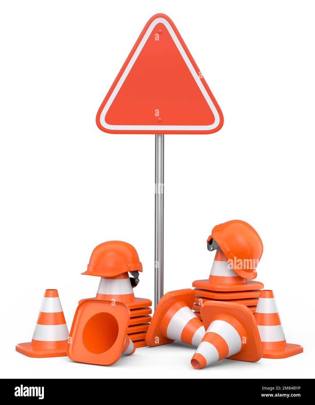 Set of safety helmets or hard hats and traffic cones, road sign for ...