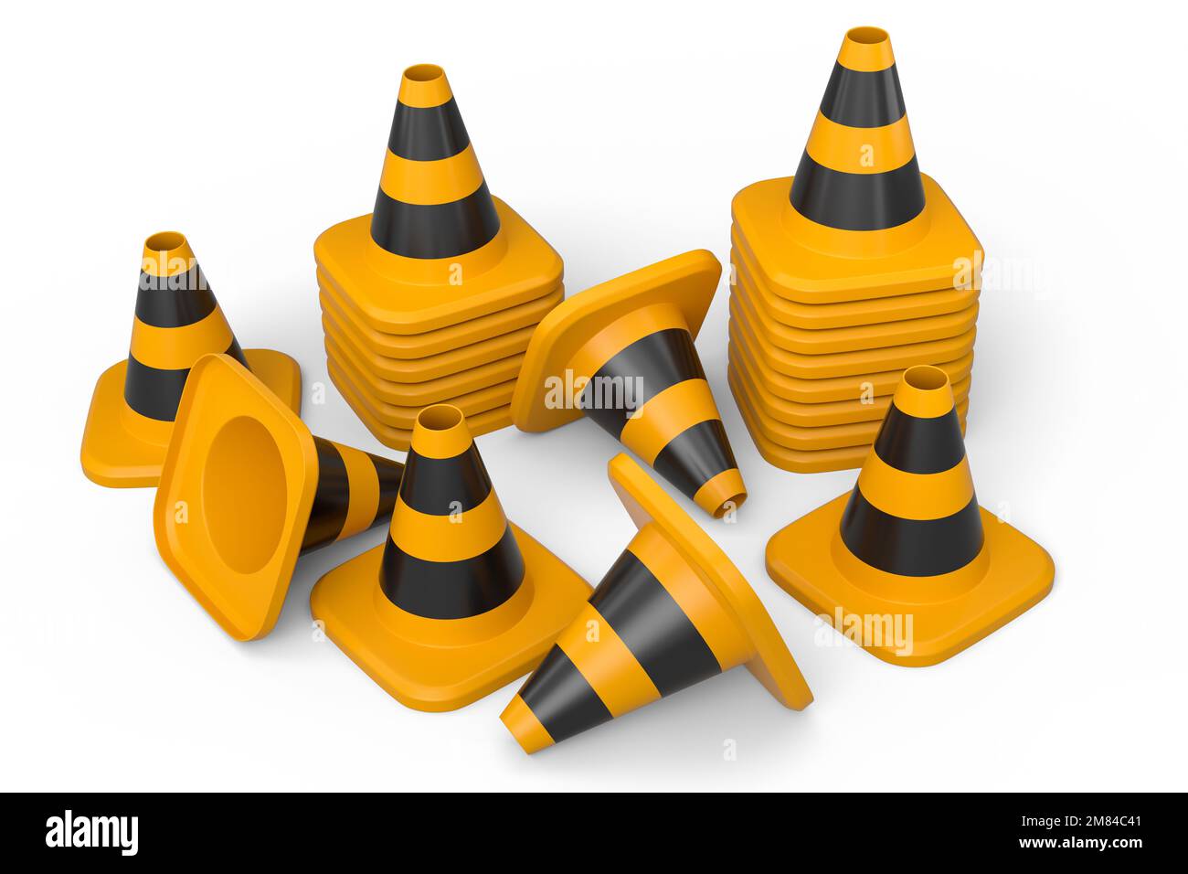 Set of safety helmets or hard hats and traffic cones, road sign for ...