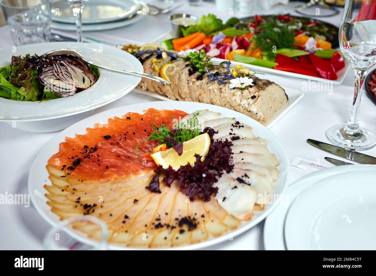 Served furshet table with various banquet dishes Stock Photo - Alamy
