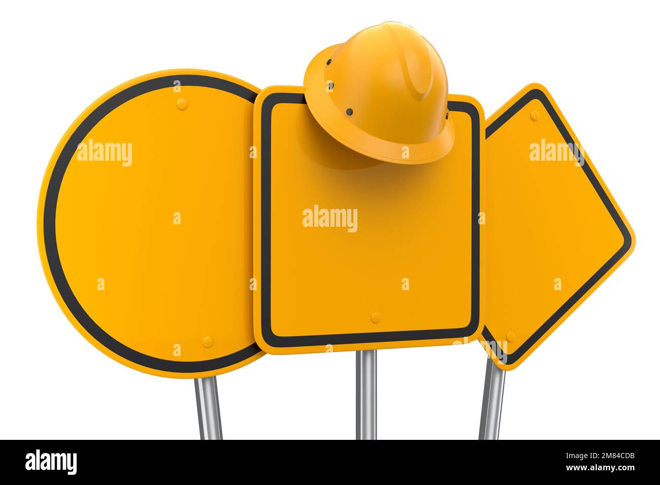 Set of safety helmet or hard hat on road traffic signs on pole isolated ...