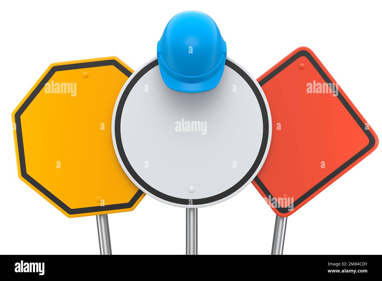 Set of safety helmet or hard hat on road traffic signs on pole isolated ...