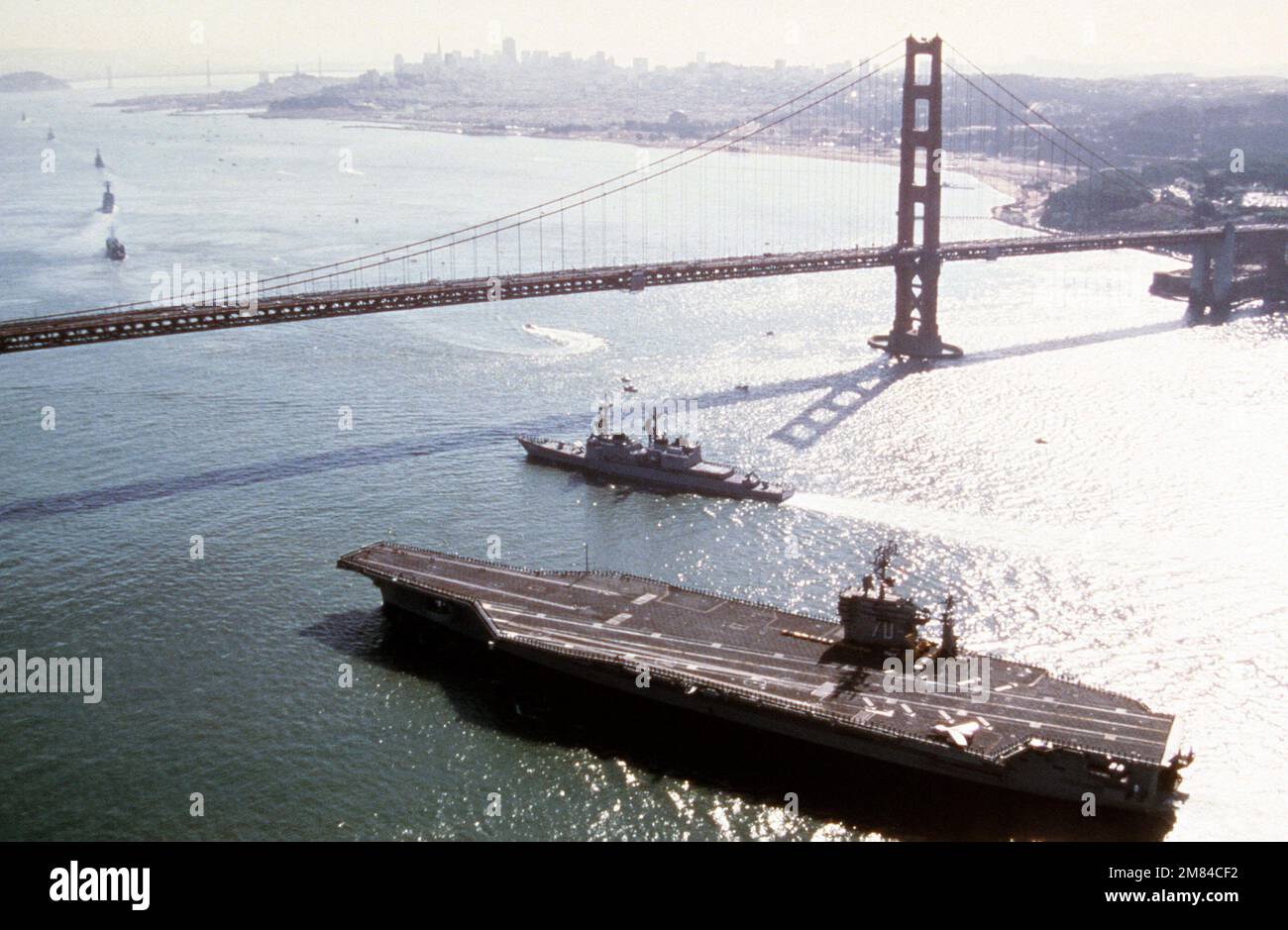 Aerial port quarter view of the nuclear powered aircraft carrier USS ...