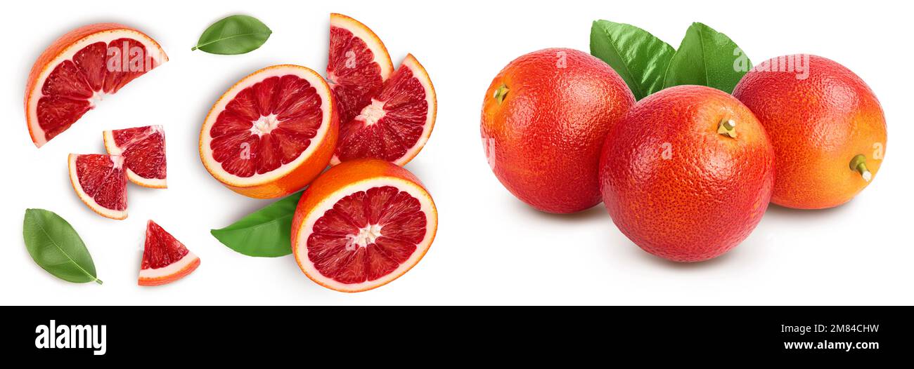 Blood red oranges isolated on white background. Top view. Flat lay ...