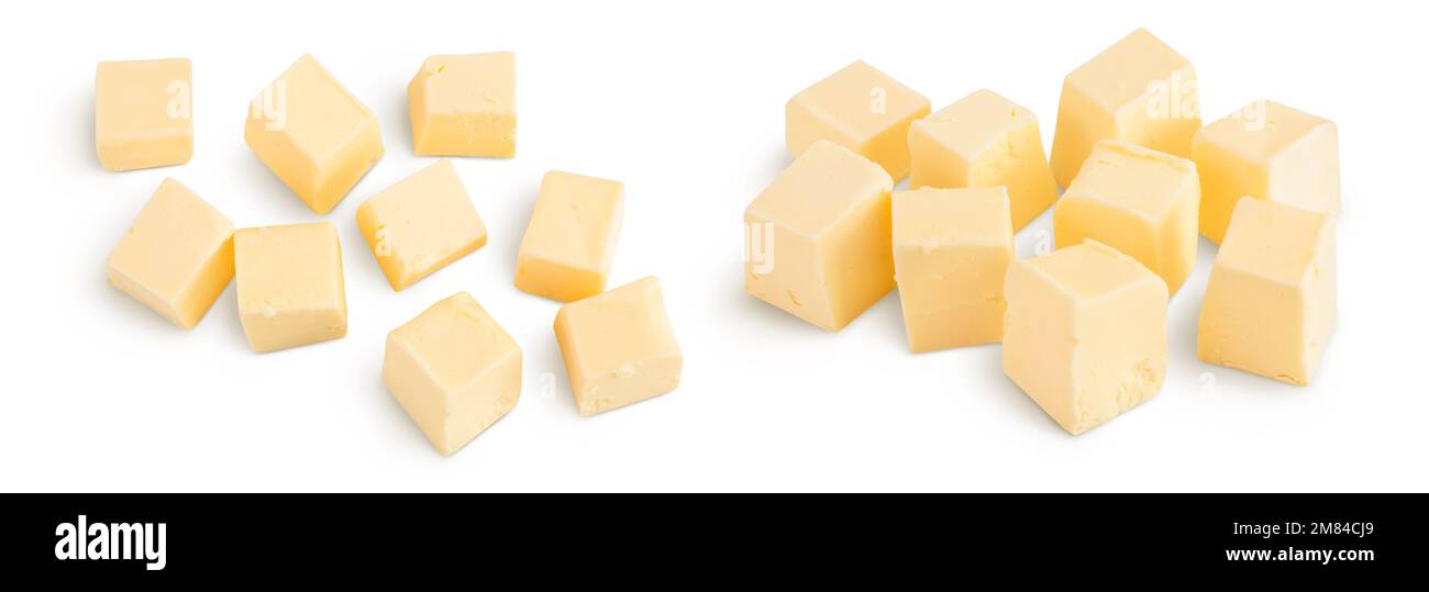 butter cubes isolated on white background with full depth of field. Top ...