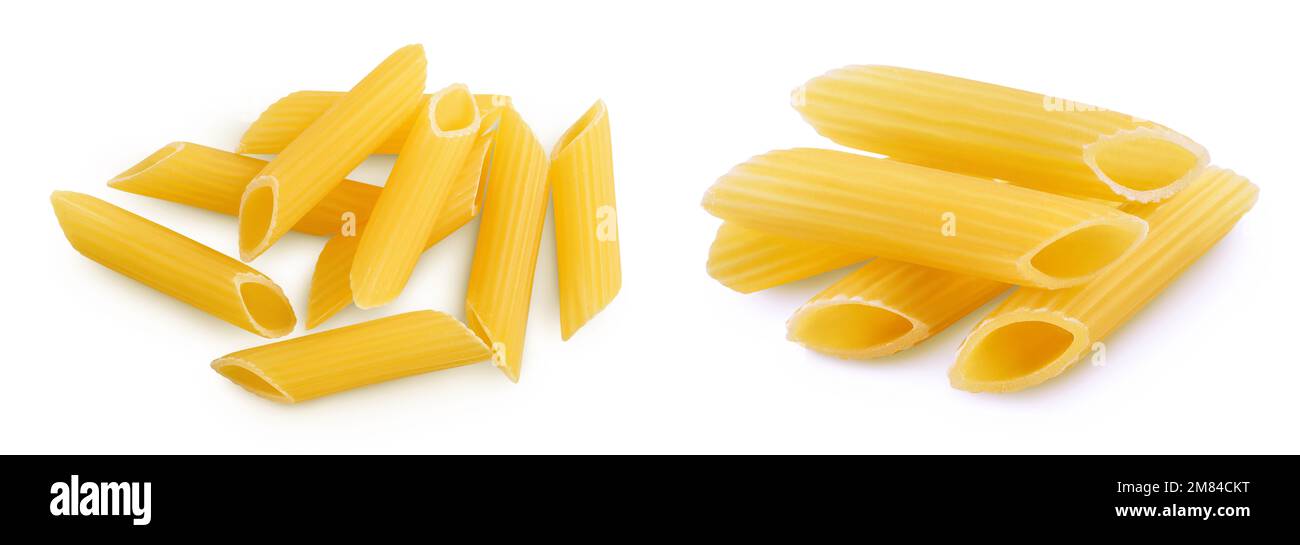 Raw italian penne rigate pasta isolated on white background with full ...