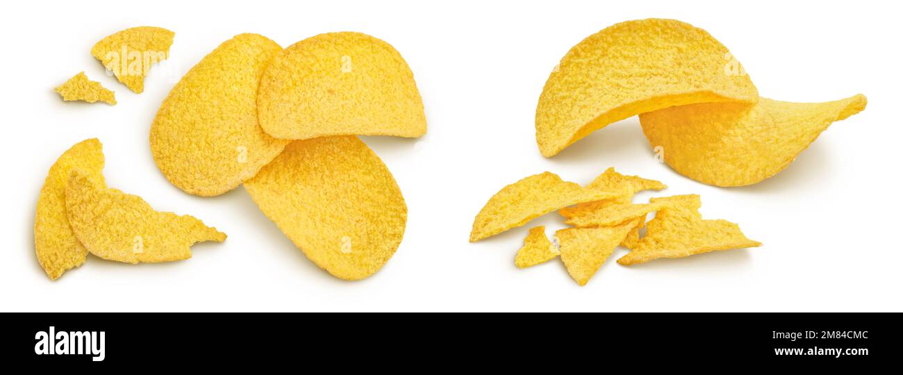 Potato chips isolated on white background with full depth of field. Top ...