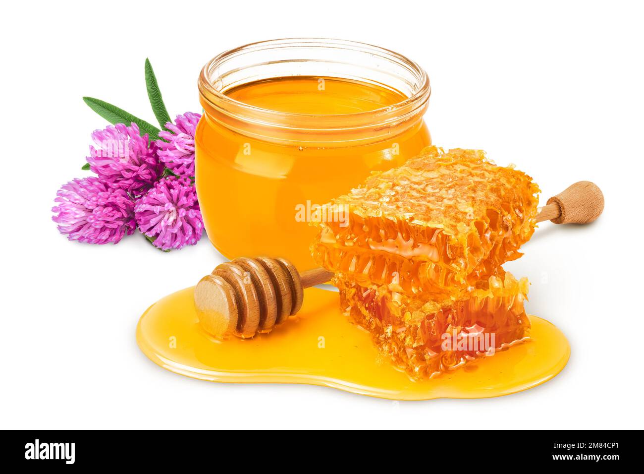 Honeycombs and honey puddle isolated on white background with full ...
