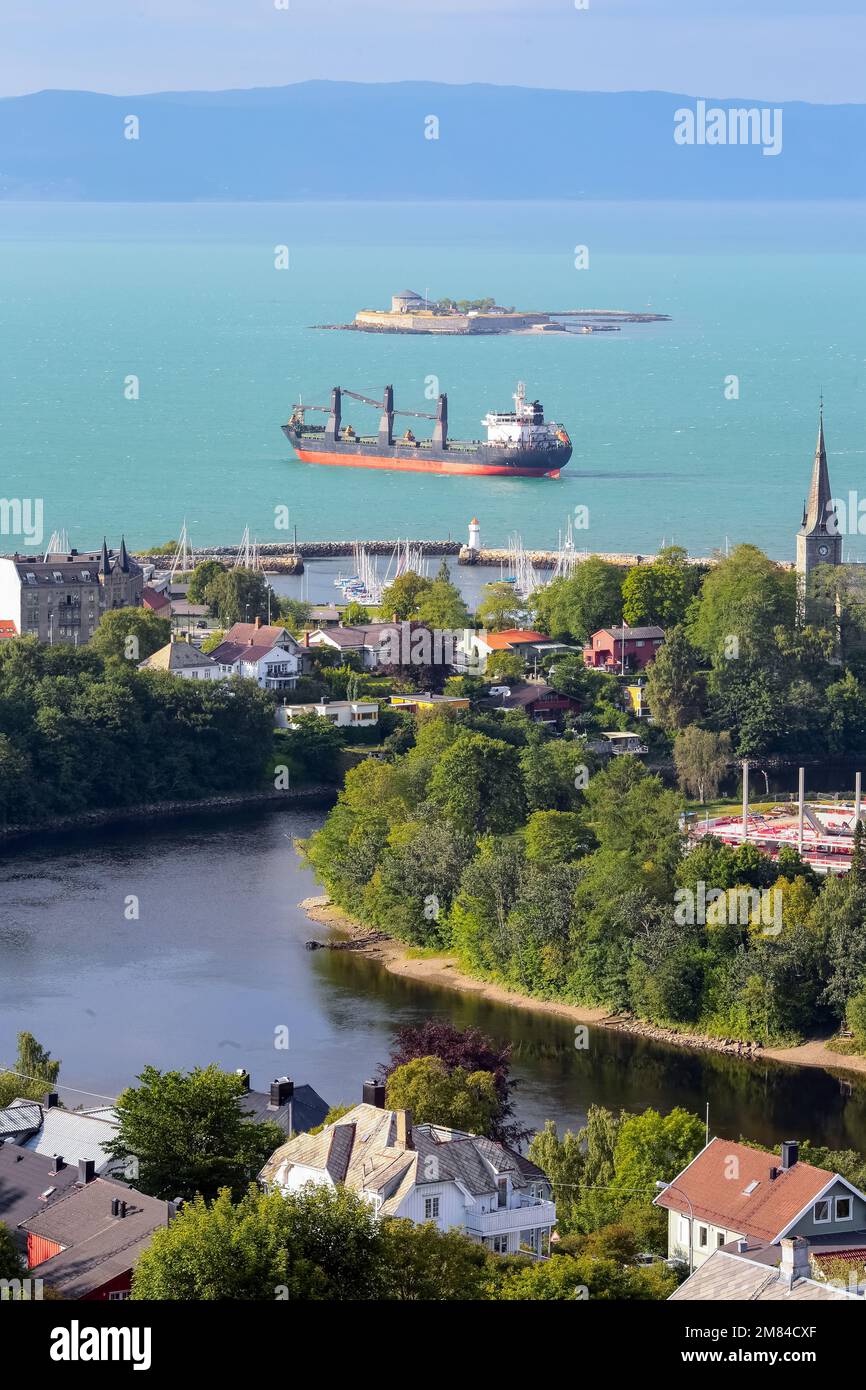 Aerial view of Trondheim fjord, the island Munkholmen, the river ...