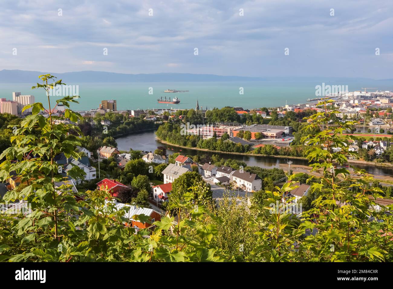 Aerial view of Trondheim fjord, the island Munkholmen, the river ...