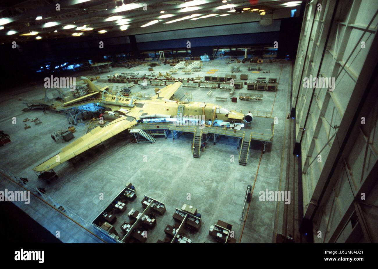 An elevated right front view of a B-1B aircraft in final stages of ...