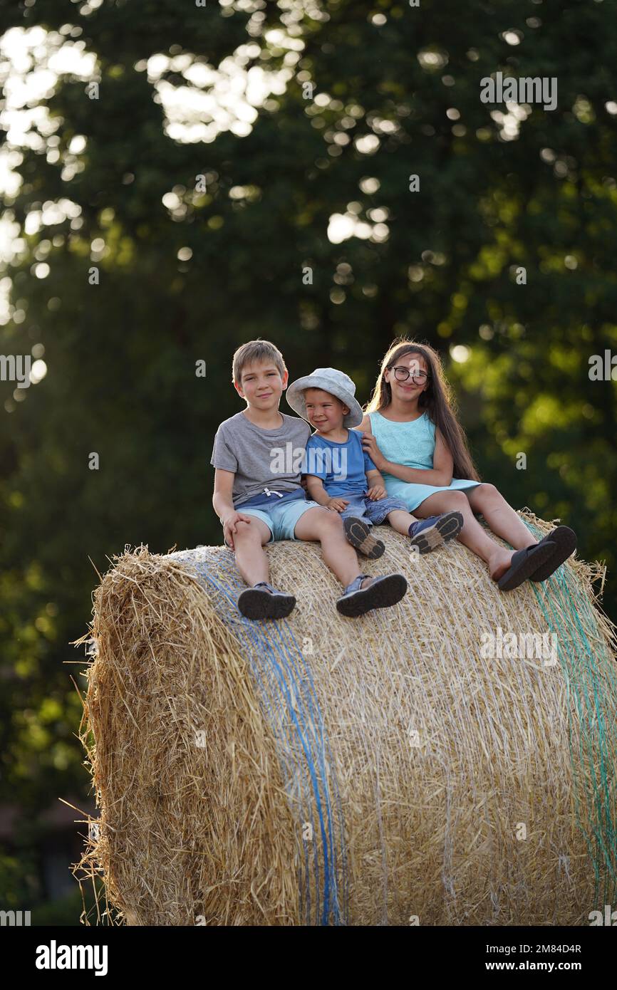 Young children sit on a coil of hay and smile Stock Photo - Alamy