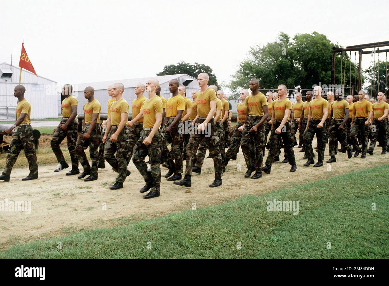 Marine recruits march in formation during basic training at the Marine ...