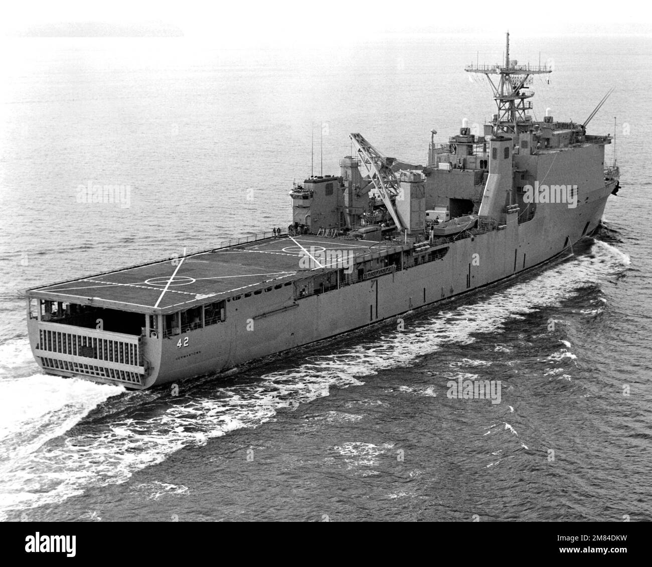 Aerial starboard quarter view of the dock landing ship USS GERMANTOWN ...