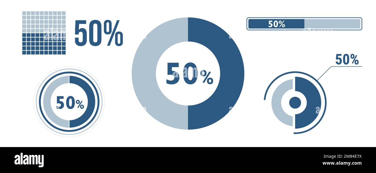 50 percent loading data icon set. Fifty circle diagram, pie donut chart ...