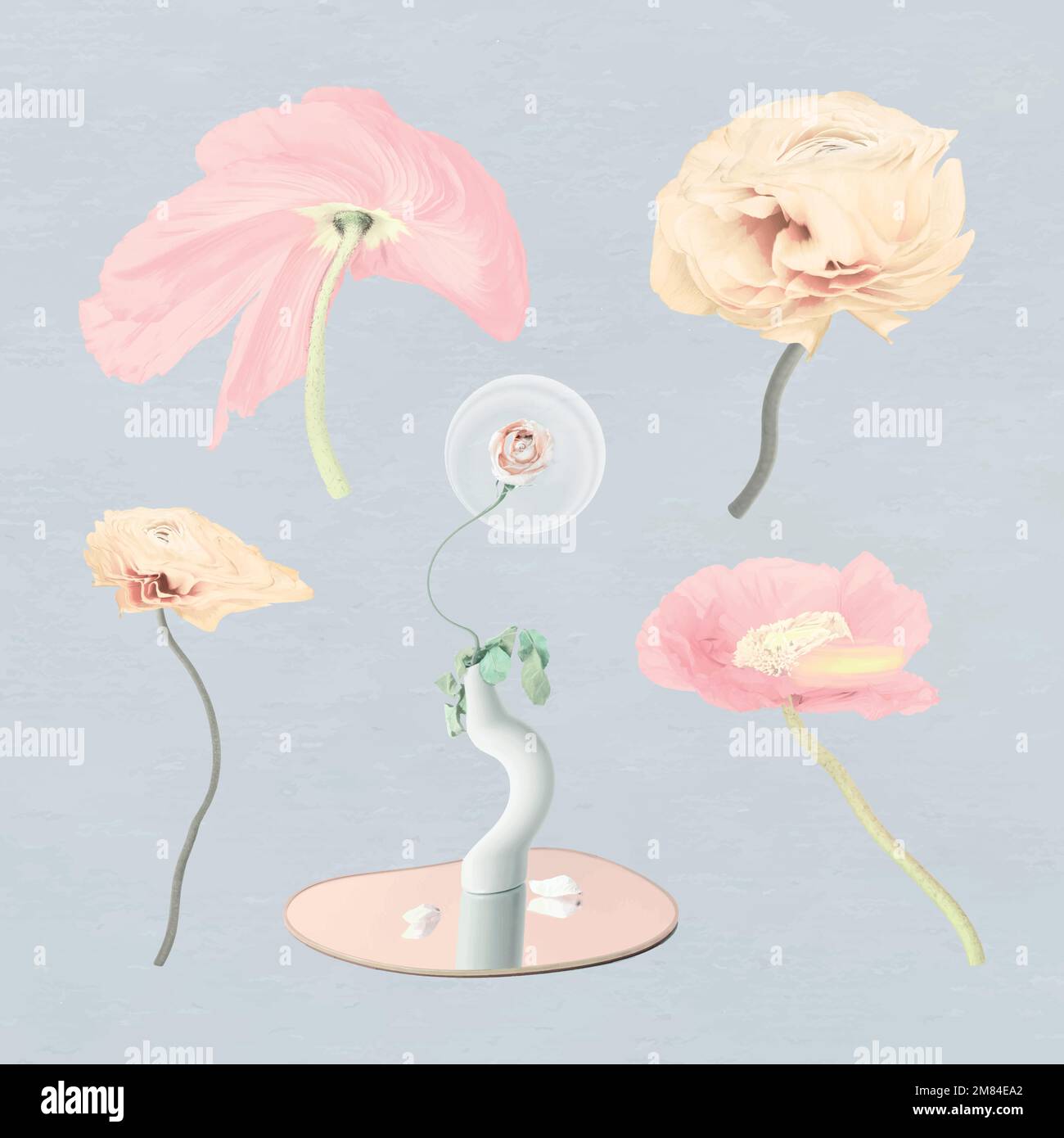 Flowers stickers vector psychedelic pastel abstract art set Stock ...