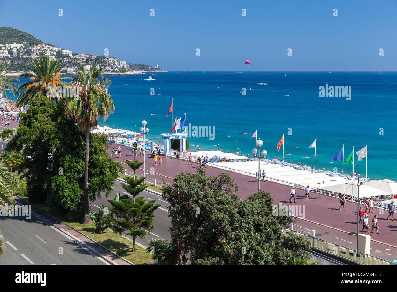 Nice, France - August 11, 2018: Public beach in Nice. Ordinary people ...
