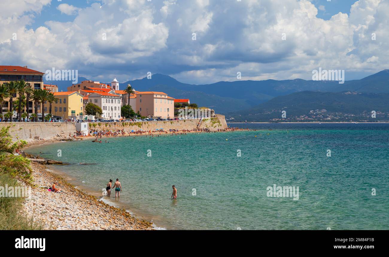 Ajaccio, France - August 16, 2018: Ajaccio public beach with tourists ...