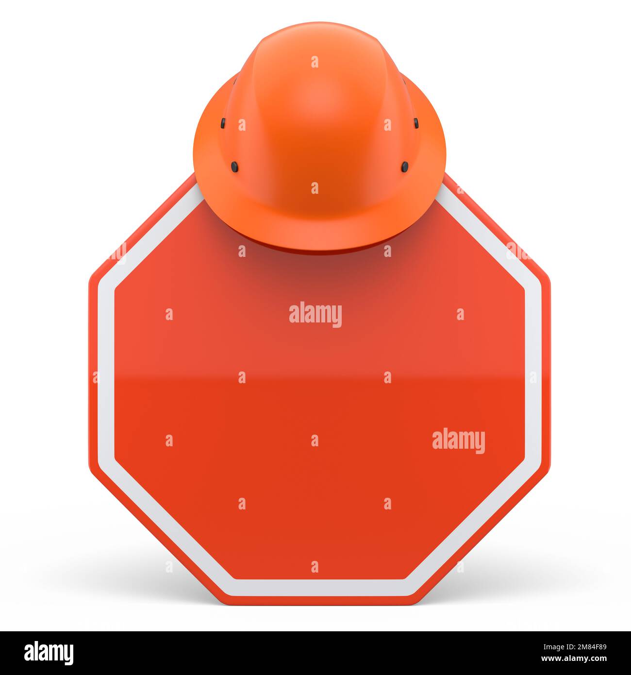 Safety helmet or hard hat on road traffic sign isolated on white ...