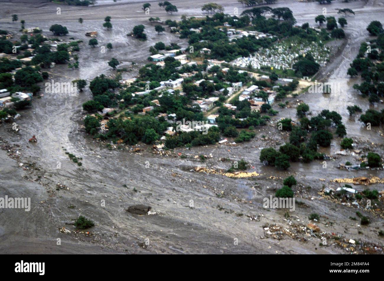 An aerial view of the town most heavily damaged during a volcanic ...