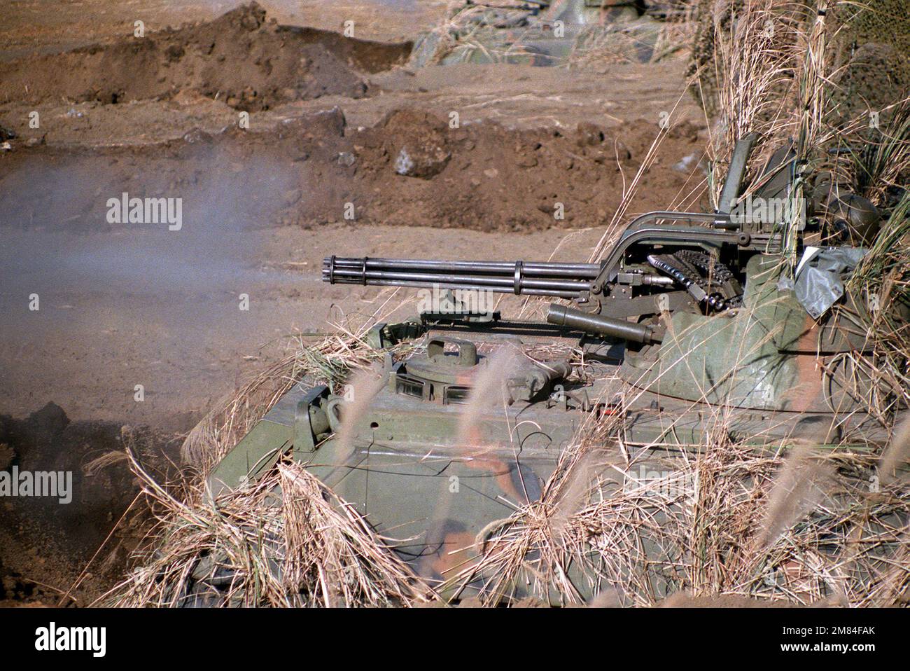 A camouflaged M-163 Vulcan 20mm anti-aircraft gun system is fired ...