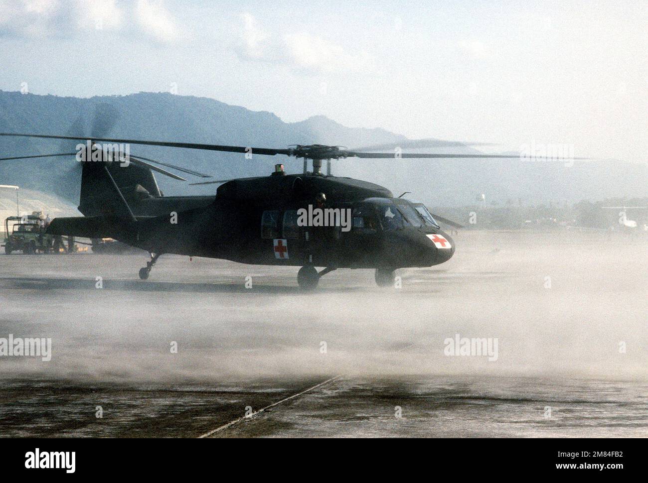 A UH-60A Black Hawk (Blackhawk) helicopter prepares to take off to ...