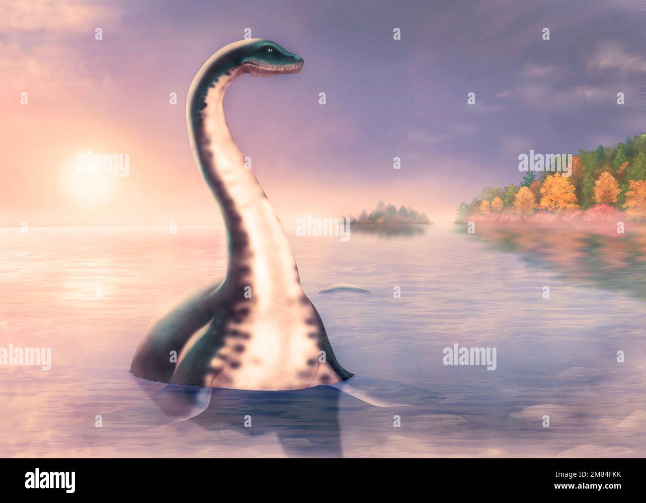 The Loch Ness monster emerged from the water against the backdrop of a ...