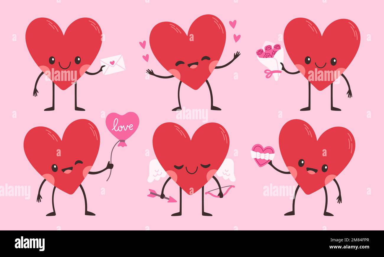 Cartoon heart character set. Cute love symbol with face, hands and feet ...