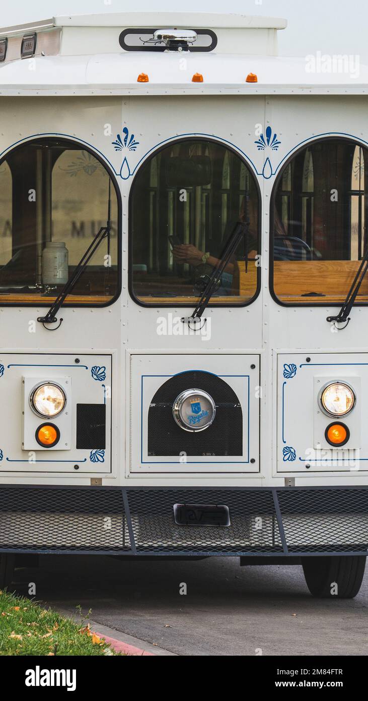 A vertical shot of a white trolley car at the Union Station in Kansas ...