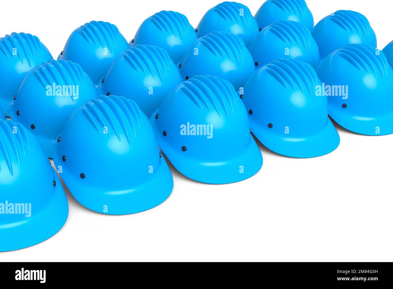 Set of safety helmets or hard caps for carpentry work in row on yellow ...