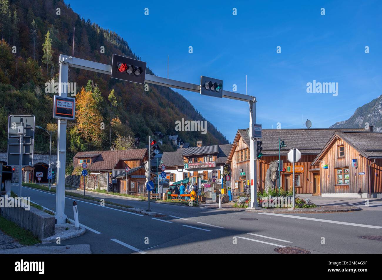 View of a supermarket and traffic signal at the main central square ...