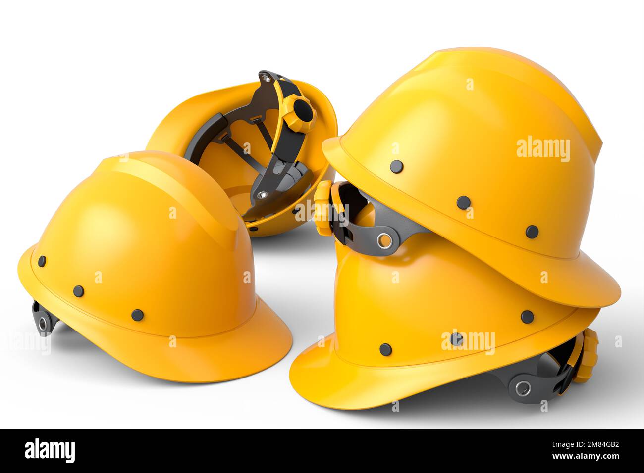 Heap of safety helmets or hard caps on white background. 3d render and ...