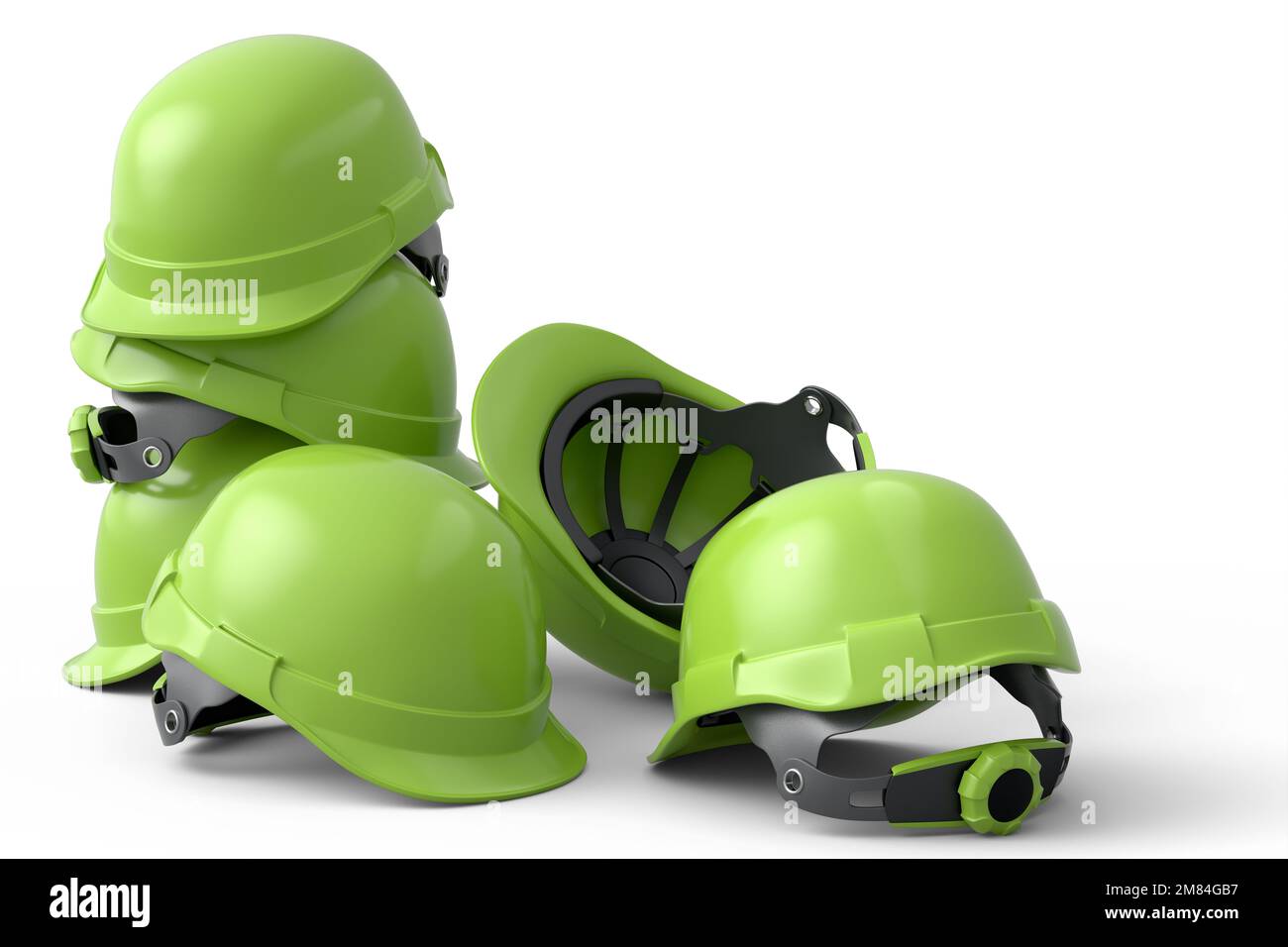 Heap of safety helmets or hard caps on white background. 3d render and ...