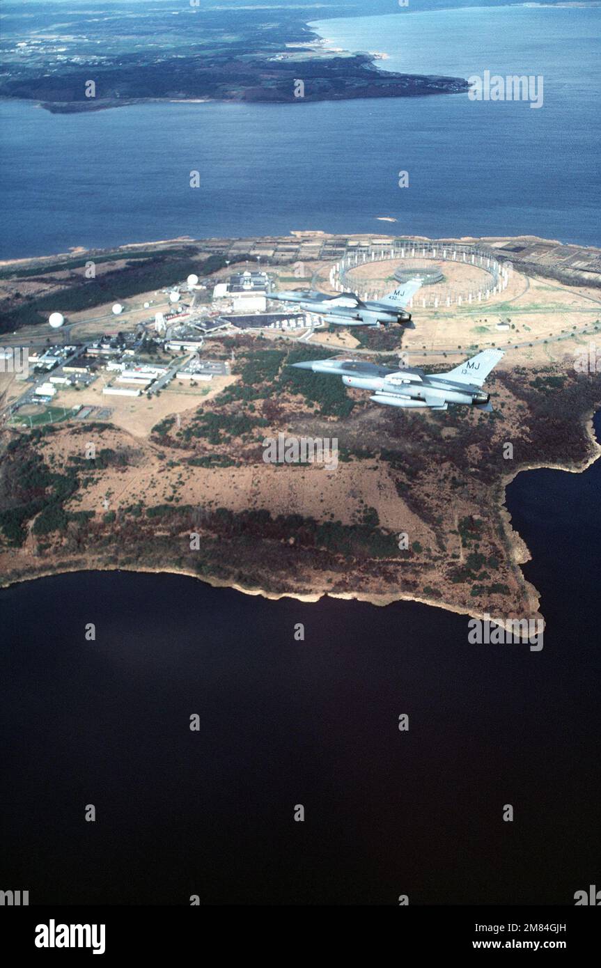 Two 13th Tactical Fighter Squadron F-16A Fighting Falcon aircraft bank ...