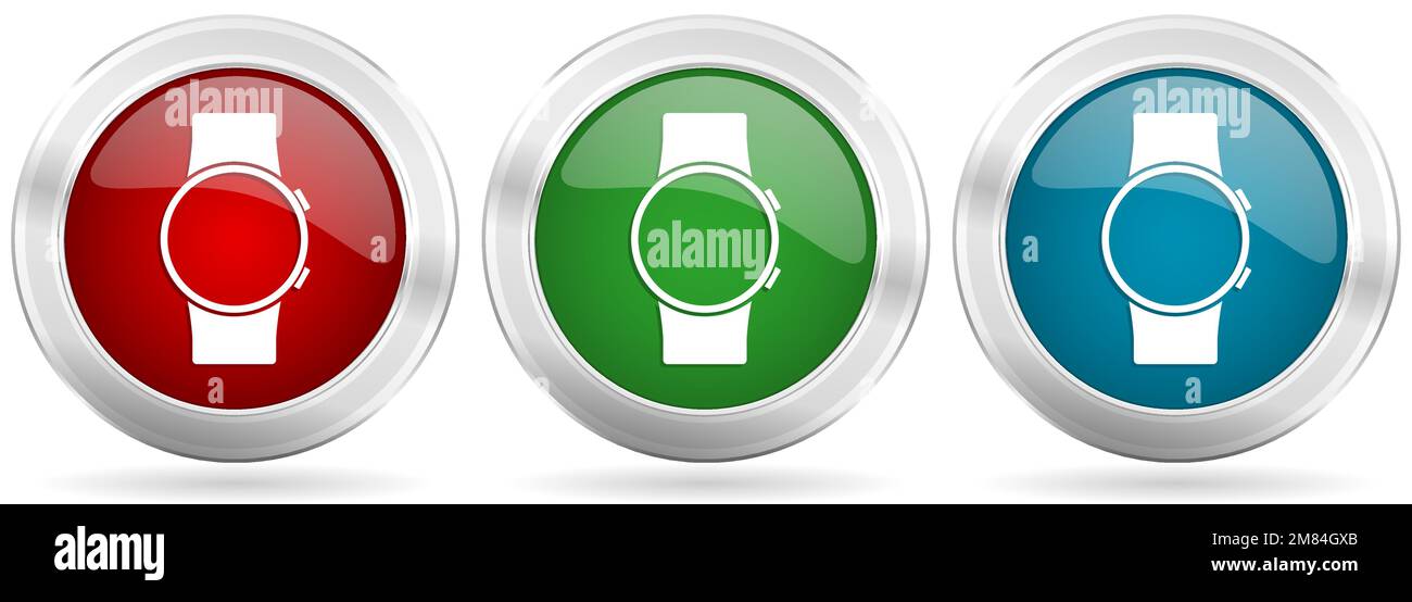 Smartwatch, smart watch vector icon set. Red, blue and green silver ...