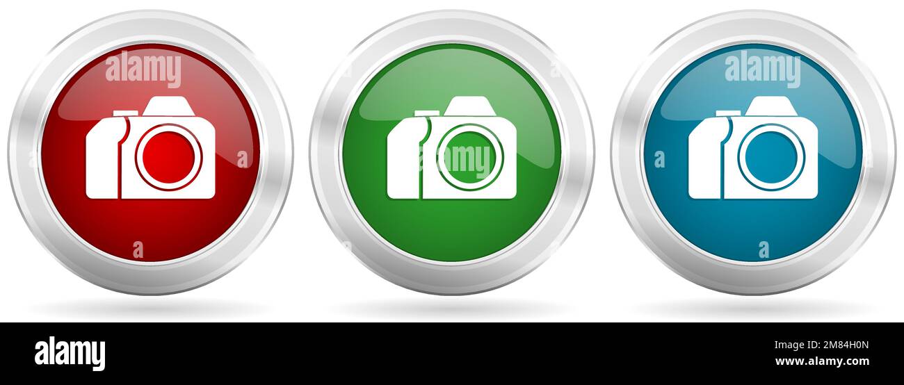 Photo camera, photography vector icon set. Red, blue and green silver ...