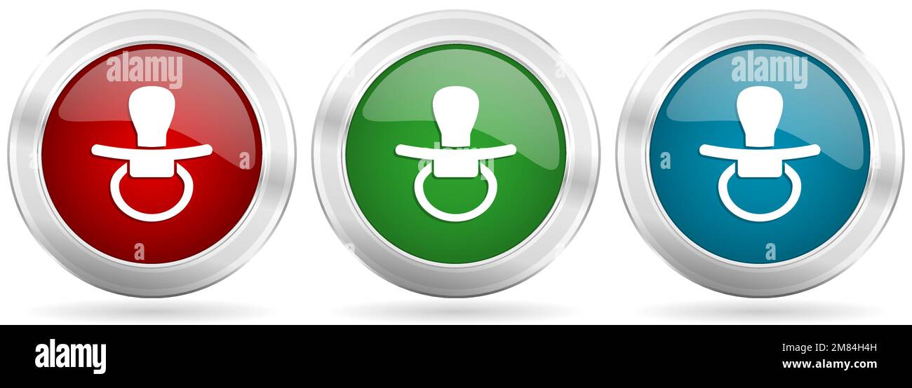 Pacifier, nipple vector icon set. Red, blue and green silver metallic ...