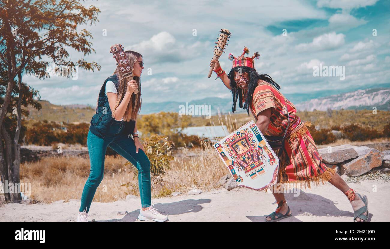 Representation of Inca warrior dressed and with battle, preHispanic ...
