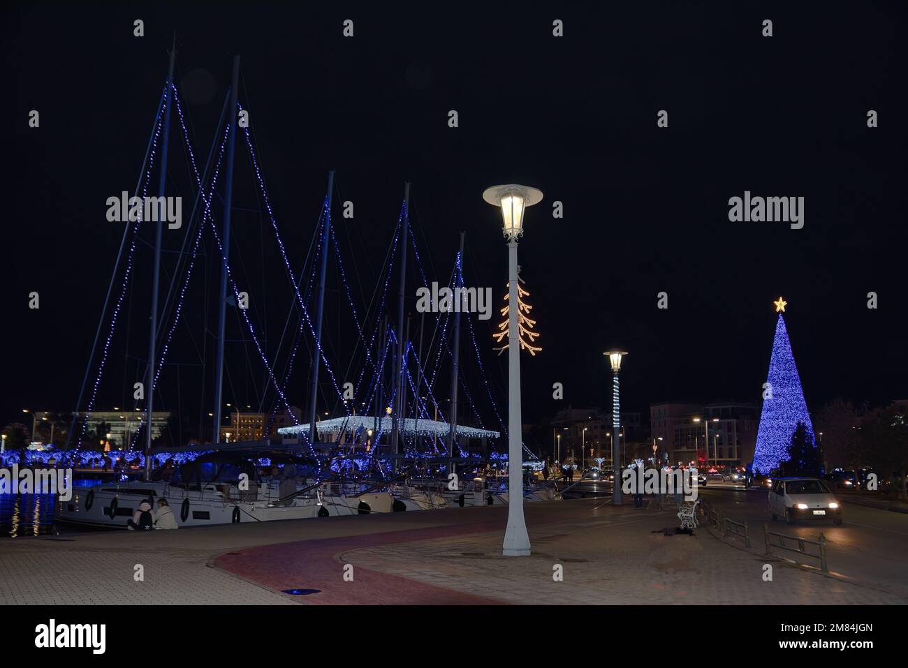 Christmas atmosphere and urban scenery of Volos city with blue lights ...