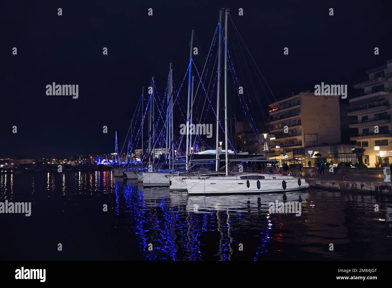 Christmas atmosphere and urban scenery of Volos city with blue lights ...