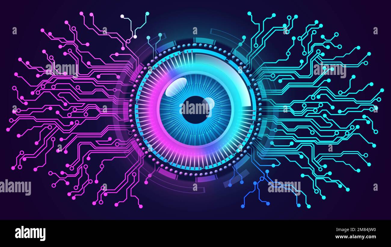 Electronic eye in glowing HUD circle element between information ...