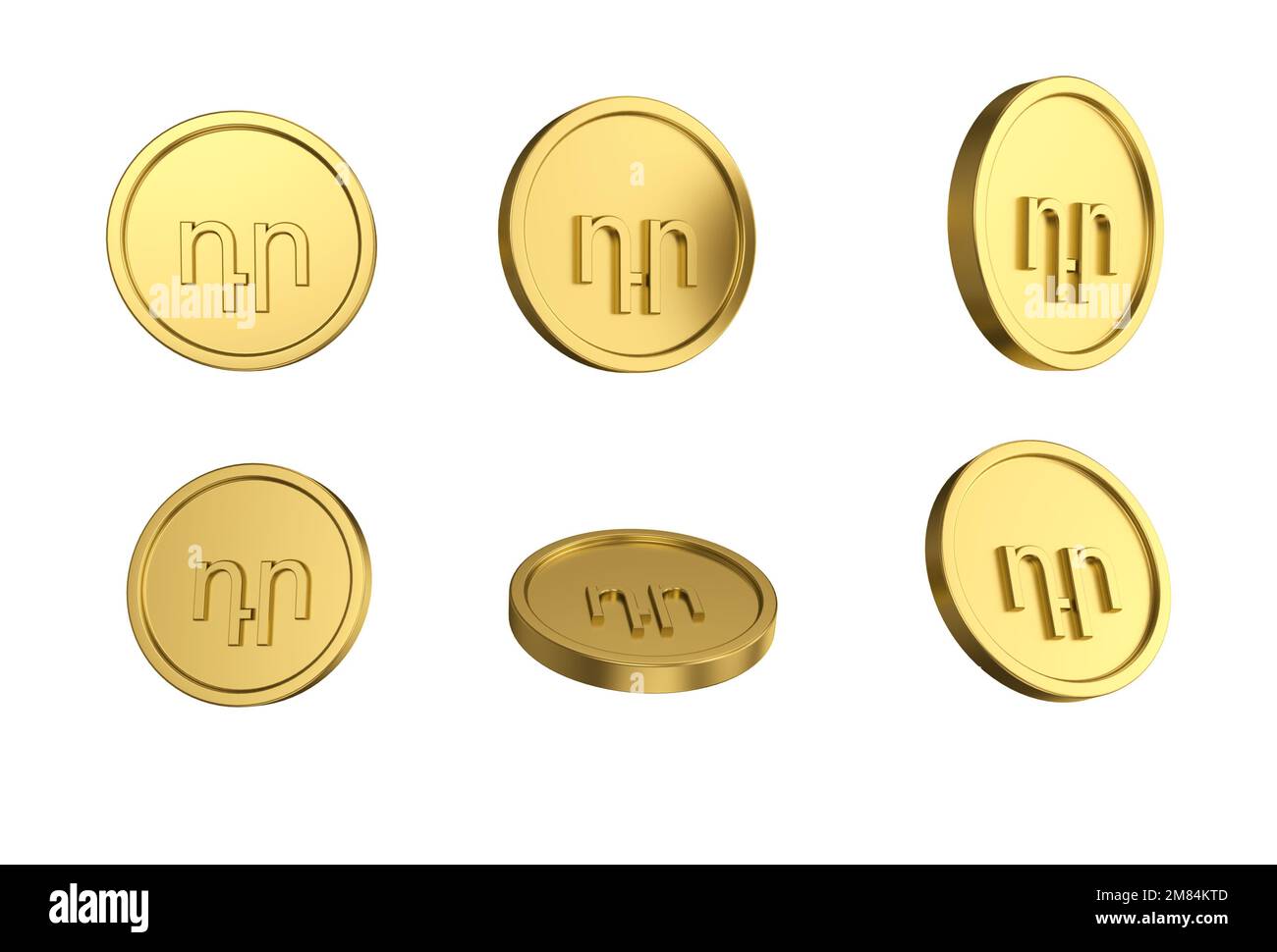 3d illustration Set of gold Armenian dram coin in different angels on ...