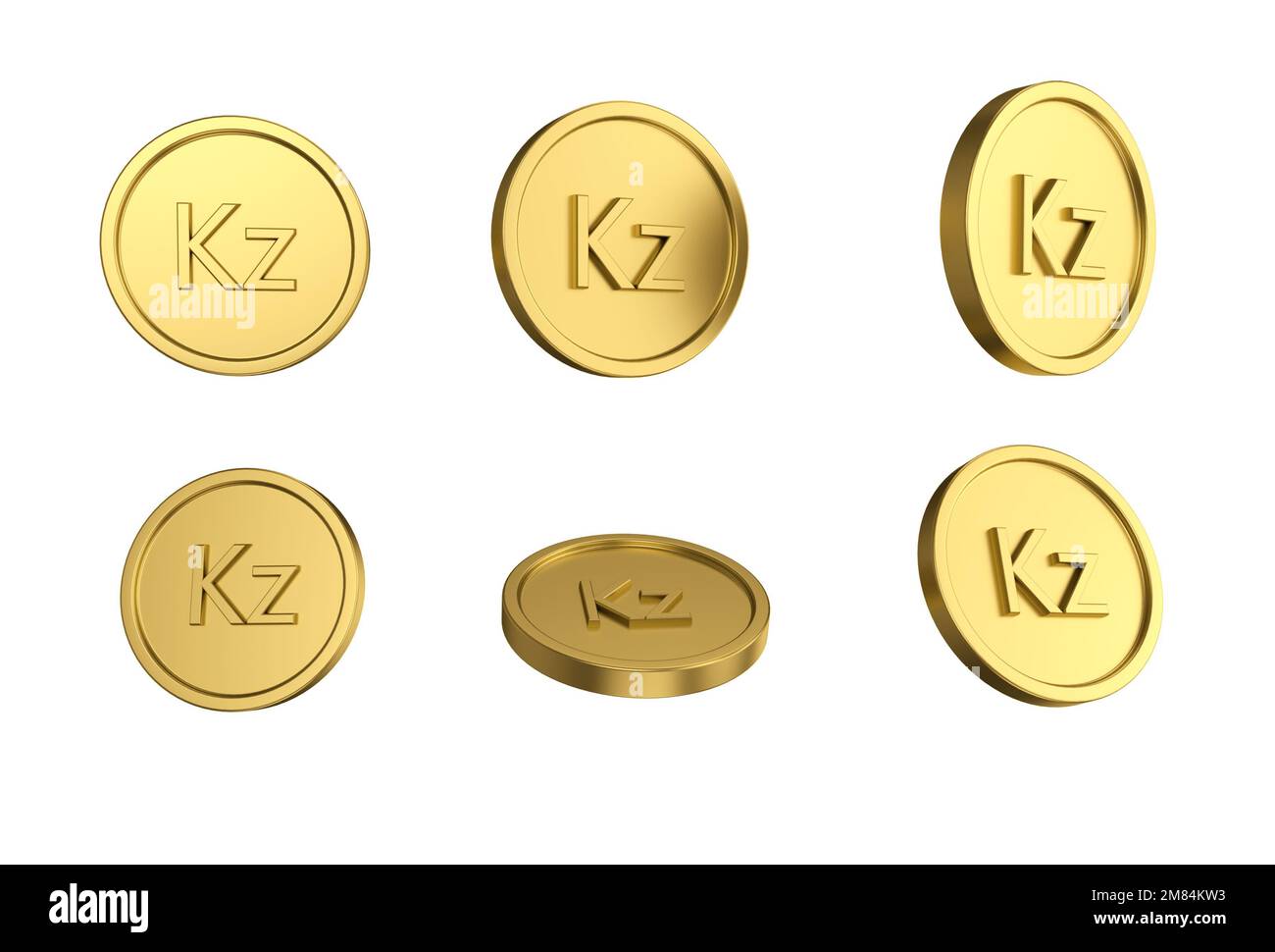 3d illustration Set of gold Angolan kwanza coin in different angels on ...