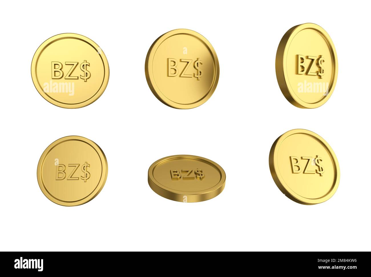 3d illustration Set of gold Belize dollar coin in different angels on ...