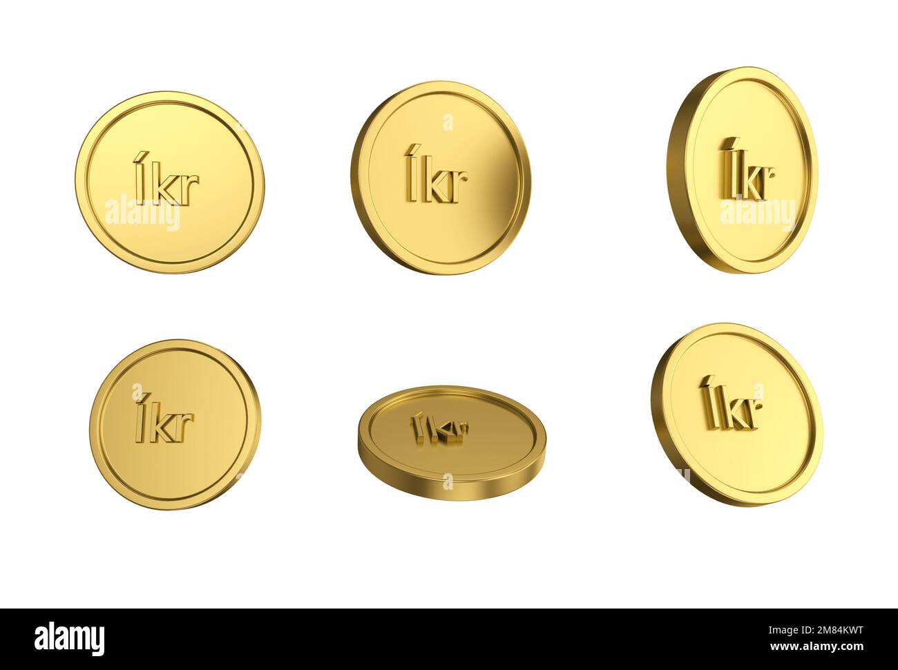 3d illustration Set of gold Icelandic króna coin in different angels on ...