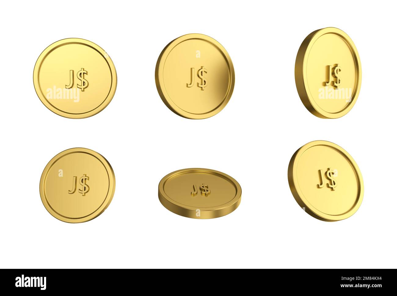 3d illustration Set of gold Jamaican dollar coin in different angels on ...